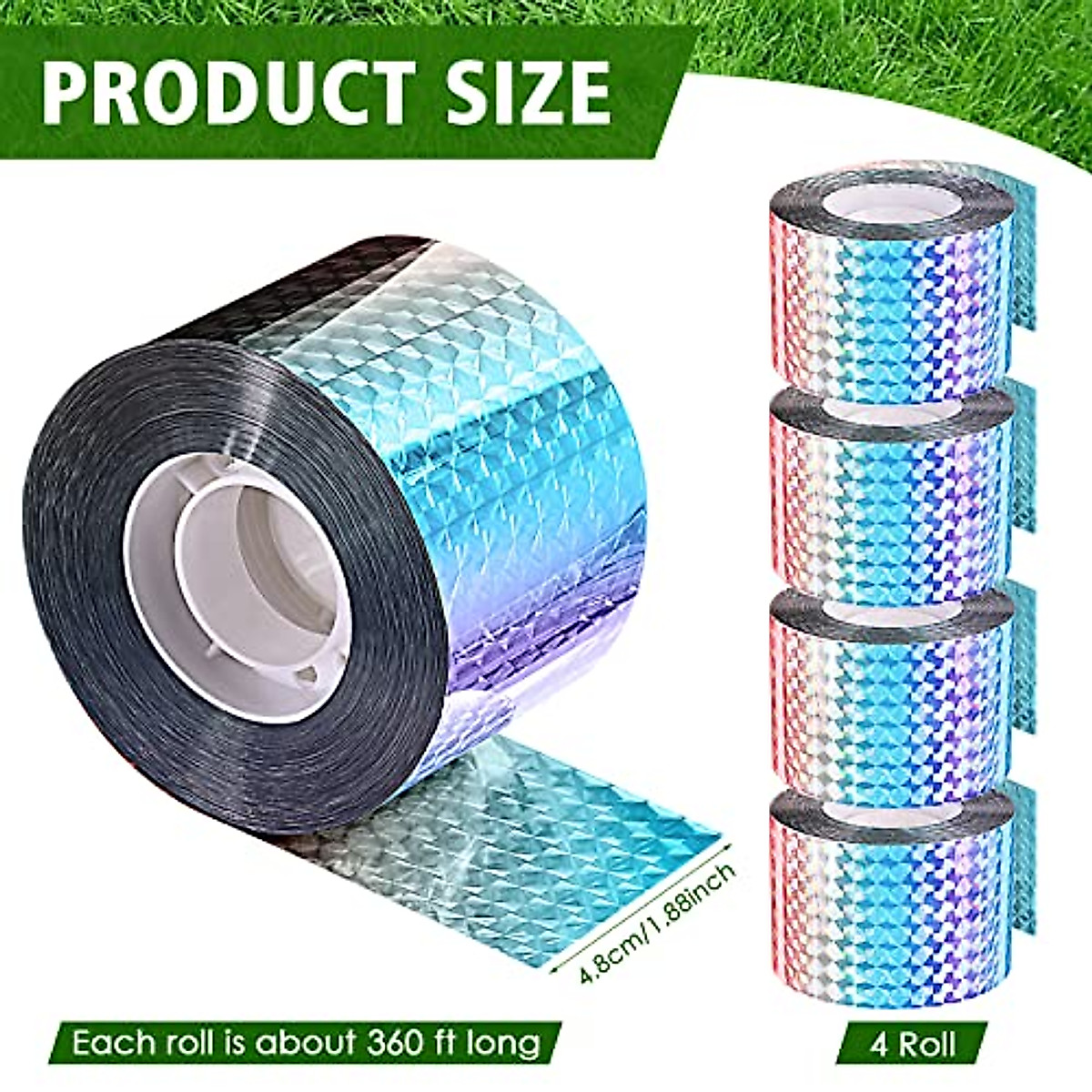 4 Roll Bird Tape Thick Tape Bird Tape Outdoor Double Side Bird Scare Ribbon Bird Device, Scare Birds Away, Pigeon, Woodpecker, Geese, 2 Inch, 1440 ft Total