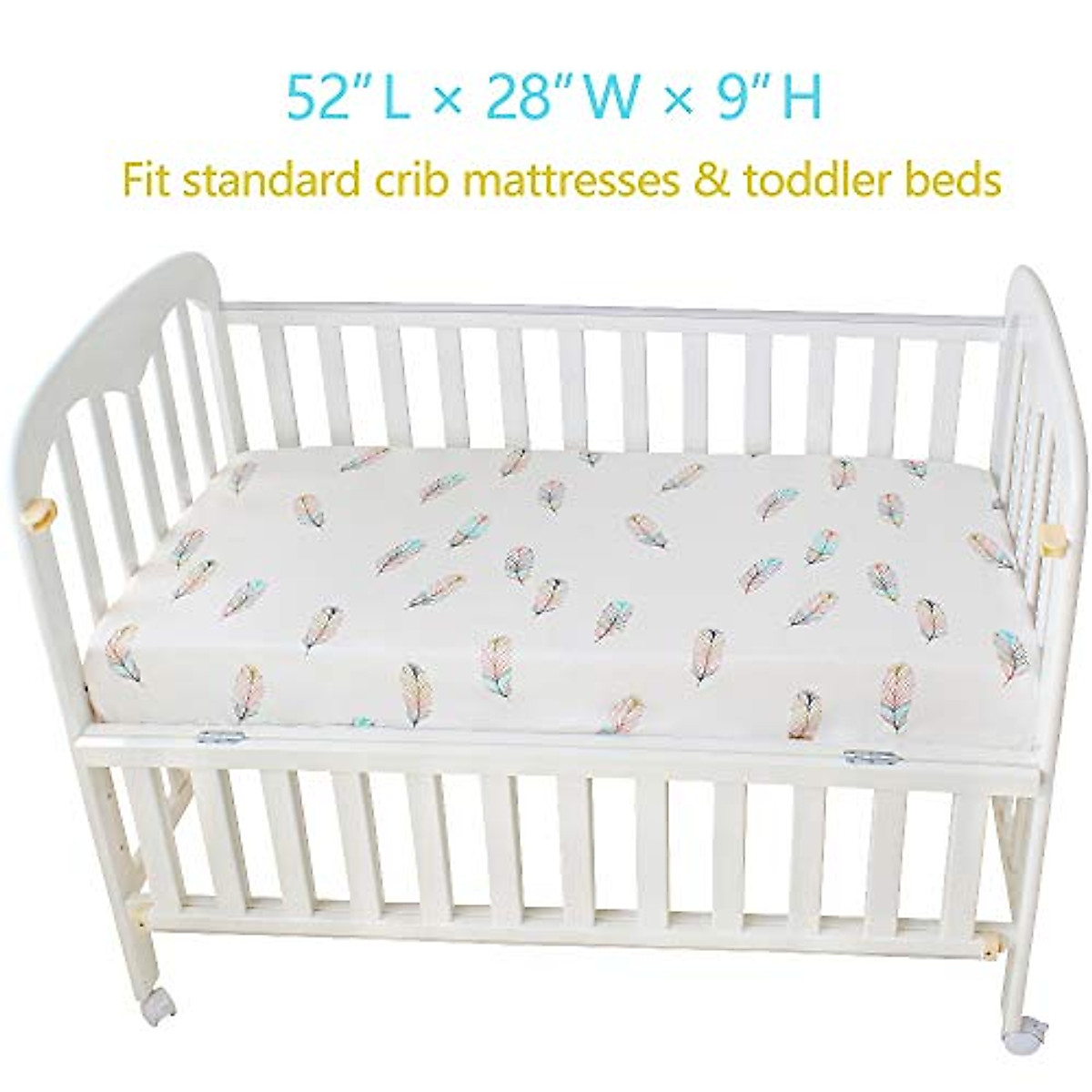 LifeTree Soft Fitted Crib Sheet - Feather Print Premium Cotton Unisex Toddler Bed Sheets for Baby Girls or Baby Boys - Fits Standard Crib Mattress