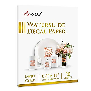 A-SUB Waterslide Decal Paper for Inkjet Printers 20 Sheets Clear Water Slide Transfer Paper 8.5x11 in for DIY Tumbler, Mug, Glass Decals