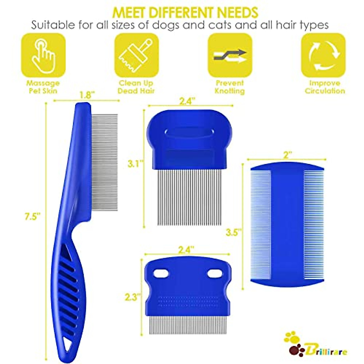 BRILLIRARE 4 Pack Flea Lice Comb, Stainless Steel Dog Cat Grooming Combs with Rounded Teeth, Double Sided Professional Pet Tear Stain Remover, Dematting Tool for Small, Medium & Large Pets