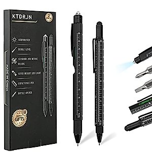 Tools for Men,Cool Gadgets,2 Pack 9 in 1 Multitool Pen Set with LED Light, Touchscreen Stylus, Ruler, Level, Bottle Opener,Flathead, and Ballpoint Pen(Black）