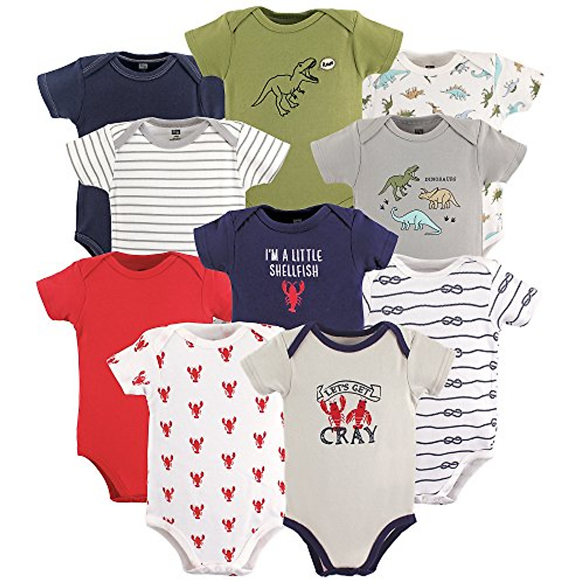 Hudson Baby Boy and Girl 10 Pack Bodysuits, Dinosaurs & Crayfish, 3-6 Months