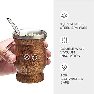 BALIBETOV Stainless Steel Double-Wall Mate Cup And Bombilla Set - Yerba Mate set Includes One Yerba Mate Cup, 2 Bombillas Mate (Straw) & Brush - Easy to Clean (Wood)