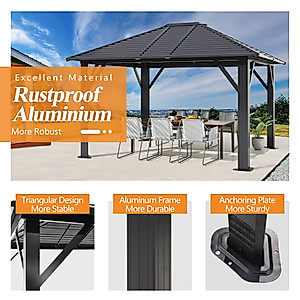 GARTOO 10' x 12' Patio Hardtop Gazebo - Outdoor Metal Hard Top with Breathable Mesh, Galvanized Steel Top Gazebo for Garden, Lawn, Outdoor Party (Black)