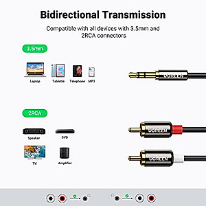 UGREEN 3.5mm to RCA Cable, 6FT RCA Male to Aux Audio Adapter HiFi Sound Headphone Jack Adapter Metal Shell RCA Y Splitter RCA Auxiliary Cord 1/8 to RCA Connector for Phone Speaker MP3 Tablet HDTV