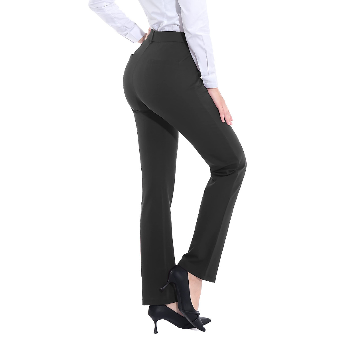 ZTN Women's Yoga Dress Pants Pull On Straight Leg Slacks with Belt Loops Dressy Casual M Dark Grey