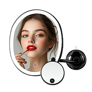 OVENTE 9'' Lighted Wall Mount Makeup Mirror with Mini Magnetic 10X Magnifying Mirror, Rechargeable Vanity Mirror, Touch Screen Dimmable LED Lights, Flexible Gooseneck & Suction Mounting, Black MOW22B