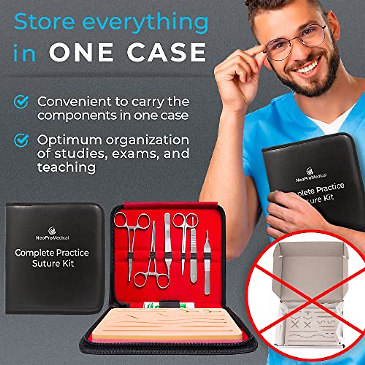 Complete Sterile Suture Practice Kit for First Aid Field Emergency and Medical Students Training - Including Large Silicone Suture Pad and Sterilized Suture Tools Threads and Needles