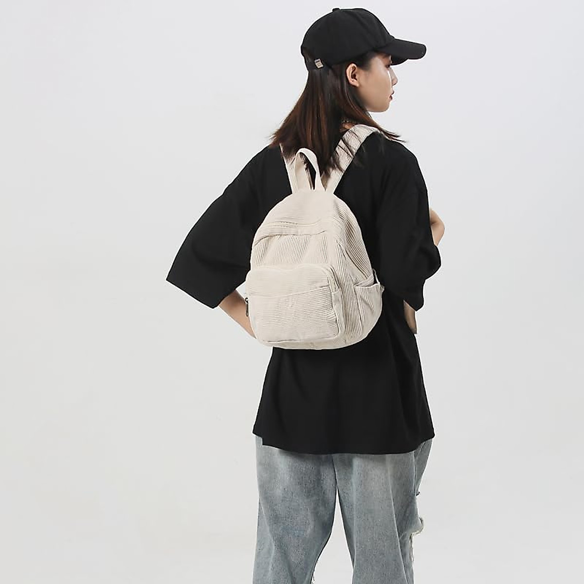 Eagerrich Small Mini Backpack Purse for Women Travel Corduroy Bag for Women Cute Aesthetic(White)