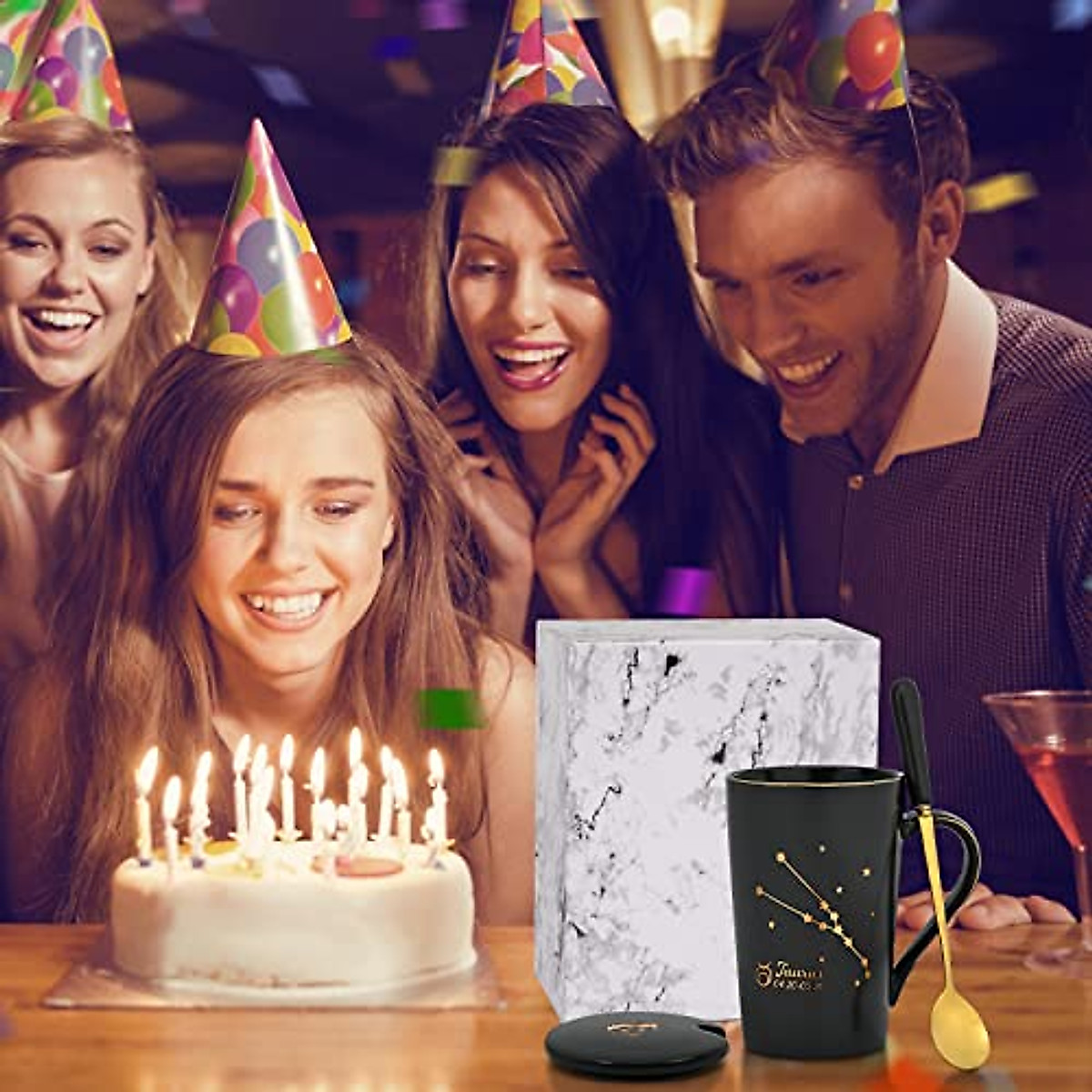 YHRJWN - Taurus Constellation Zodiac Sign Star Coffee Mug, Birthday Gift for Women, Girls, Men, Teens, 12 Horoscope Astrology Lovers, 14 Oz Black (Spoon, Lid, Gift Box)