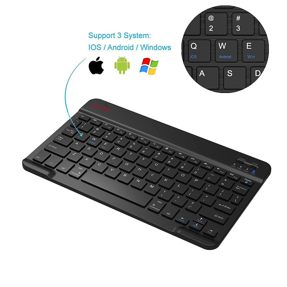 ALLIFE Universal Ultra Light Slim Portable Wireless Bluetooth 3.0 Keyboard for iOS iPad iPad Air, Pro, Mini, Android, Windows Tablets PC Smartphone with Protection Case Stand