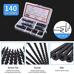 LTYLL ITYII 140 PCS #7 Quality Carbon Steel Philips self-Tapping Screws with coarse-Pitch Thread and countersunk Head, a Set of 8 Different Wood Screws, Suitable for Dry Wall