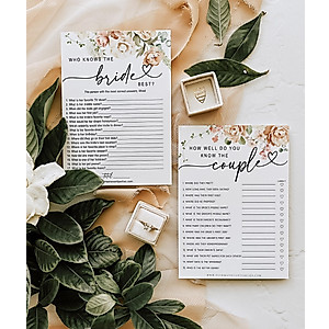 Your Main Event Prints 50 Pack of Bridal Shower Games, How Well Do You Know The Couple and Who Knows The Bride Best, Floral Modern Minimalistic Design.