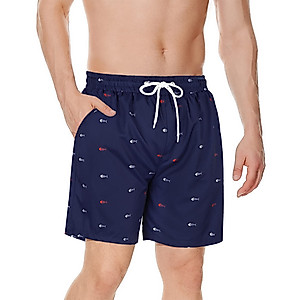 American Trends Mens Beach Short Summer Water Swimsuit for Men Swim Shorts with Compression Liner Bathing Suit Navy Blue Fish Bone XL