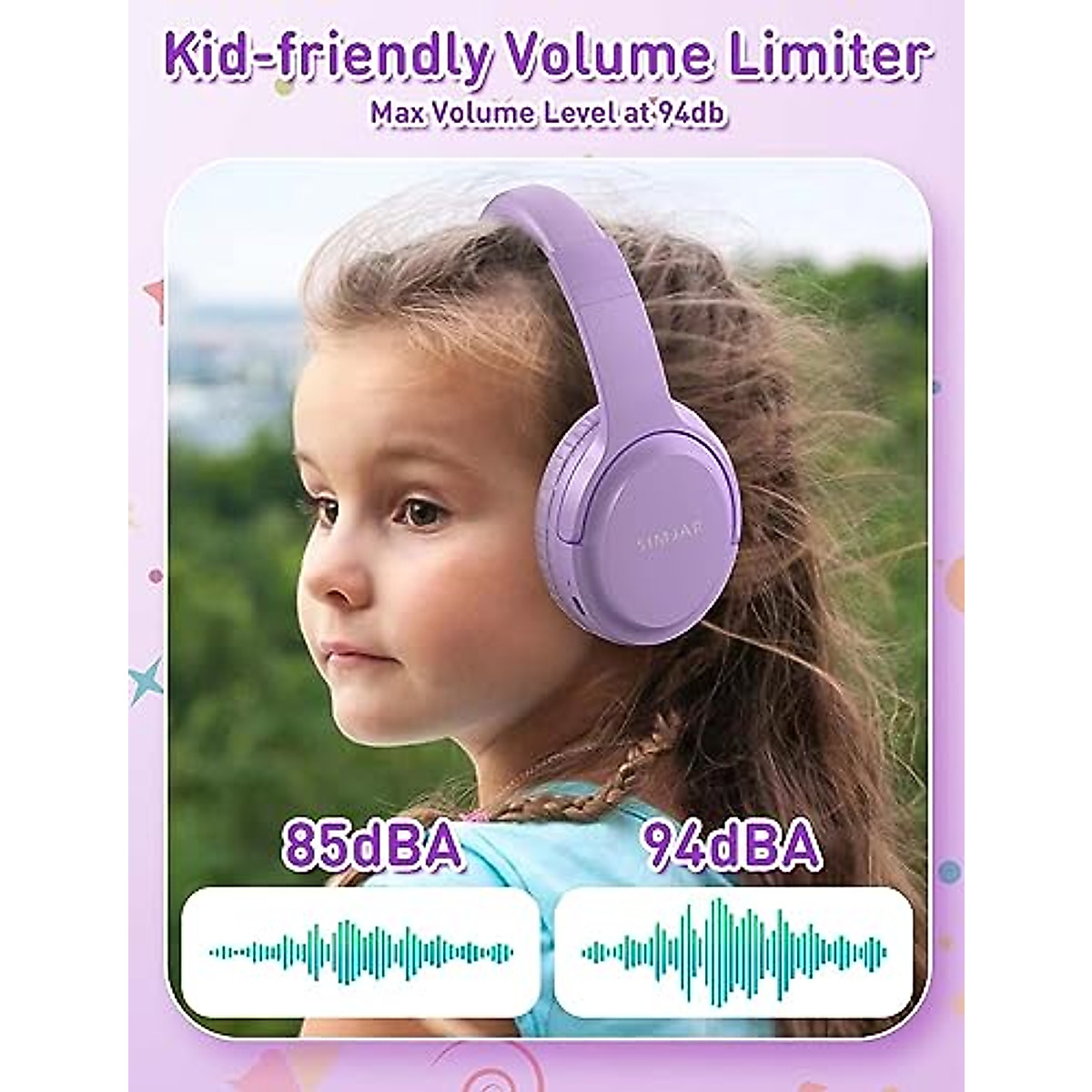SIMJAR Kids Bluetooth Headphones, Lightweight Girl Headphone with Microphone, Volume Limiter 85/94dB, 50H Playtime, Over Ear Kids Wireless Headphones for Tablet/iPad/Travel