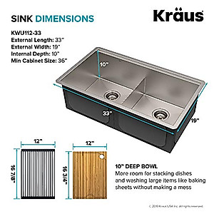 KRAUS Kore™ Workstation 33-inch Undermount 16 Gauge Double Bowl Stainless Steel Kitchen Sink with Accessories (Pack of 8) with WasteGuard™ Continuous Feed Garbage Disposal, KWU112-33-100-75MB