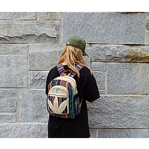 Himalayan Fashion Handmade Hemp Medium Backpack Bohemian Marijuana Style Travel Bag, Black, Beige
