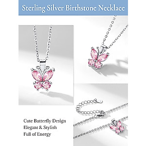 SILVERCUTE Pink Butterfly Pendant Necklace 925 Sterling Sterling Silver Cute Insect Animal Pendant & Chain for Women