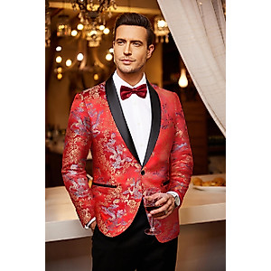 Coofandy Men's Stylish Dragon Floral Suits Fashion Slim Fit One-Button Blazer Jacket, Red, XX-Large