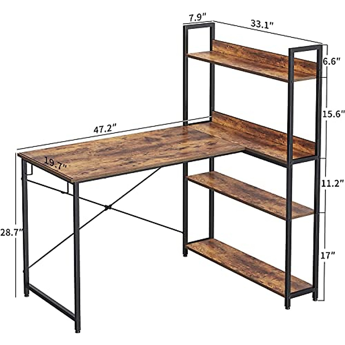 CubiCubi Computer Corner Desk with Storage Shelves, 47 Inch Small L Shaped Computer Desk, Home Office Writing Desk with 2 Hooks, Brown