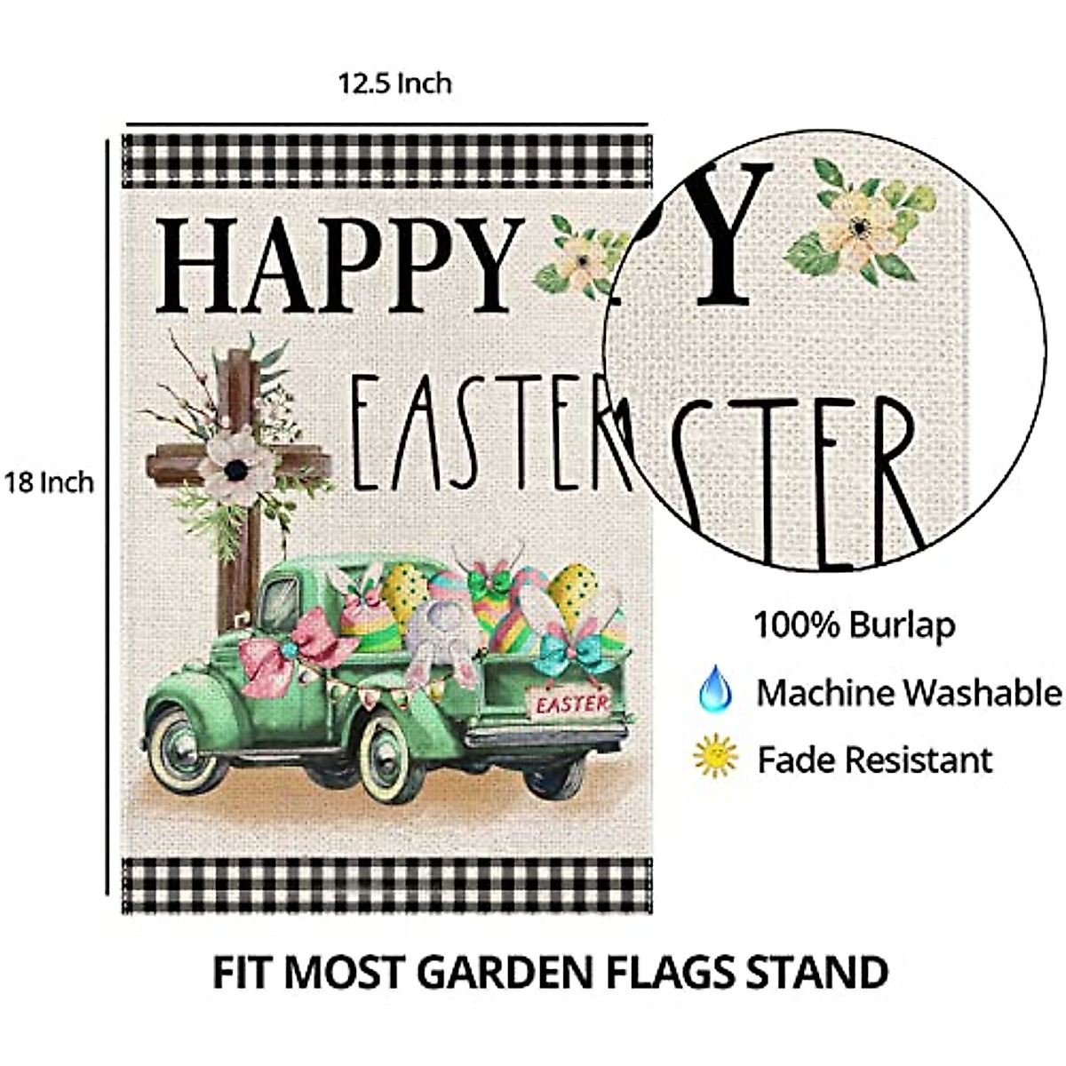 Happy Easter Garden Flag 12x18 Inch Double Sided Buffalo Plaid with Truck Cross Rabbit Eggs,Small Yard Flag for Outside Farmhouse Holiday Spring Outdoor Decor