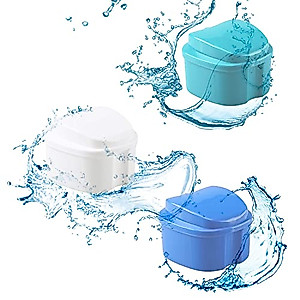 OBTANIM 2 Pack Denture Bath Cup Case Box Holder Storage Soak Container with Strainer Basket for RetainersTravel False Teeth Cleaning (White, Blue)