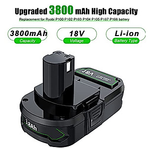 TURPOW Upgraded 3.8Ah Replacement Ryobi 18V Lithium Battery P107, Compatible with Ryobi 18 Volt ONE+ Plus P102 P103 P104 P105 P108 P109 P122 Cordless Power Tools for Ryobi 18V Battery 2Packs
