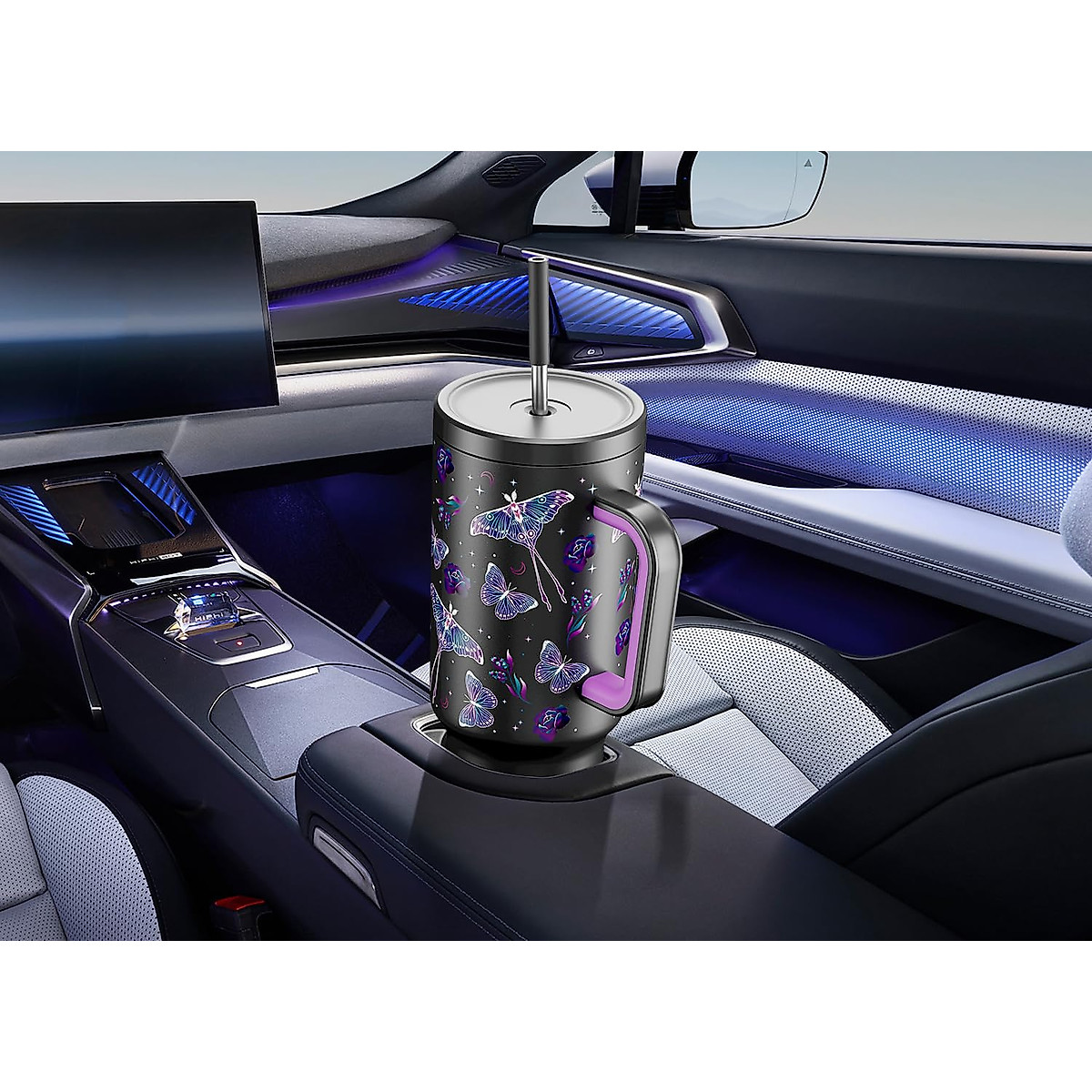 Meoky 40 oz Glow in the Dark Tumbler with Handle and Straw, Tumbler with Lid and Straw, Insulated Stainless Steel Travel Mug, 100% Leak-proof, Keeps Cold for 34 Hours (Butterfly)