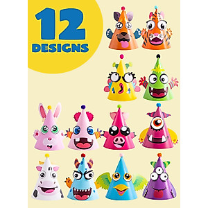 JOYIN 12 Sets Party Hats for Kids Birthday Party Games Craft Activities, Cute Animal Theme Birthday Hats Activity Kits with Stickers for Kids Holiday Party Favors
