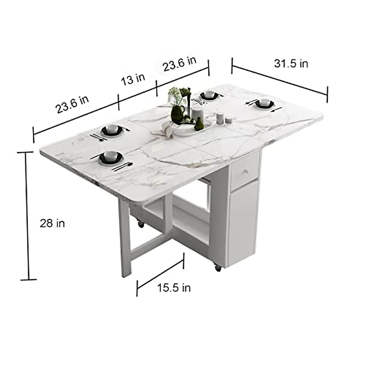 FUNROLUX Folding Dining Table and 4 Piece Folding Dining Chair Set, White Wooden Foldable Dining Table with Padded Seats Chairs