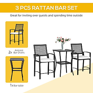 Outsunny 3pcs Patio Bar Set with Soft Cushion, Rattan Wicker Outdoor Furniture Set for Backyards, Lawn, Deck, Poolside