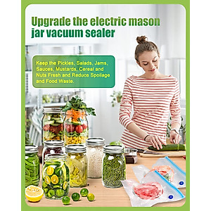Electric Mason Jar Vacuum Sealer Kit with 16 Jar Lids, Jar Vacuum Sealer for Mason Jars with Lid Opener and 2 Reusable Vacuum Sealer Zipper Bags for Wide and Regular Mouth
