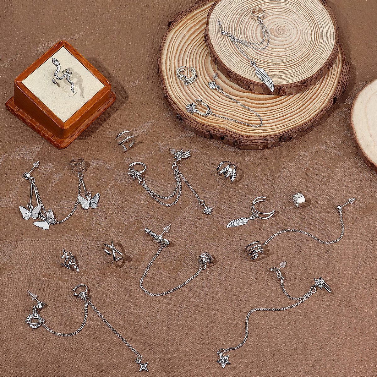 Jstyle 16 Pcs Ear Cuff Earrings for Women Cuff Chain Earrings Helix Cartilage Non Piercing Earring Silver Tone