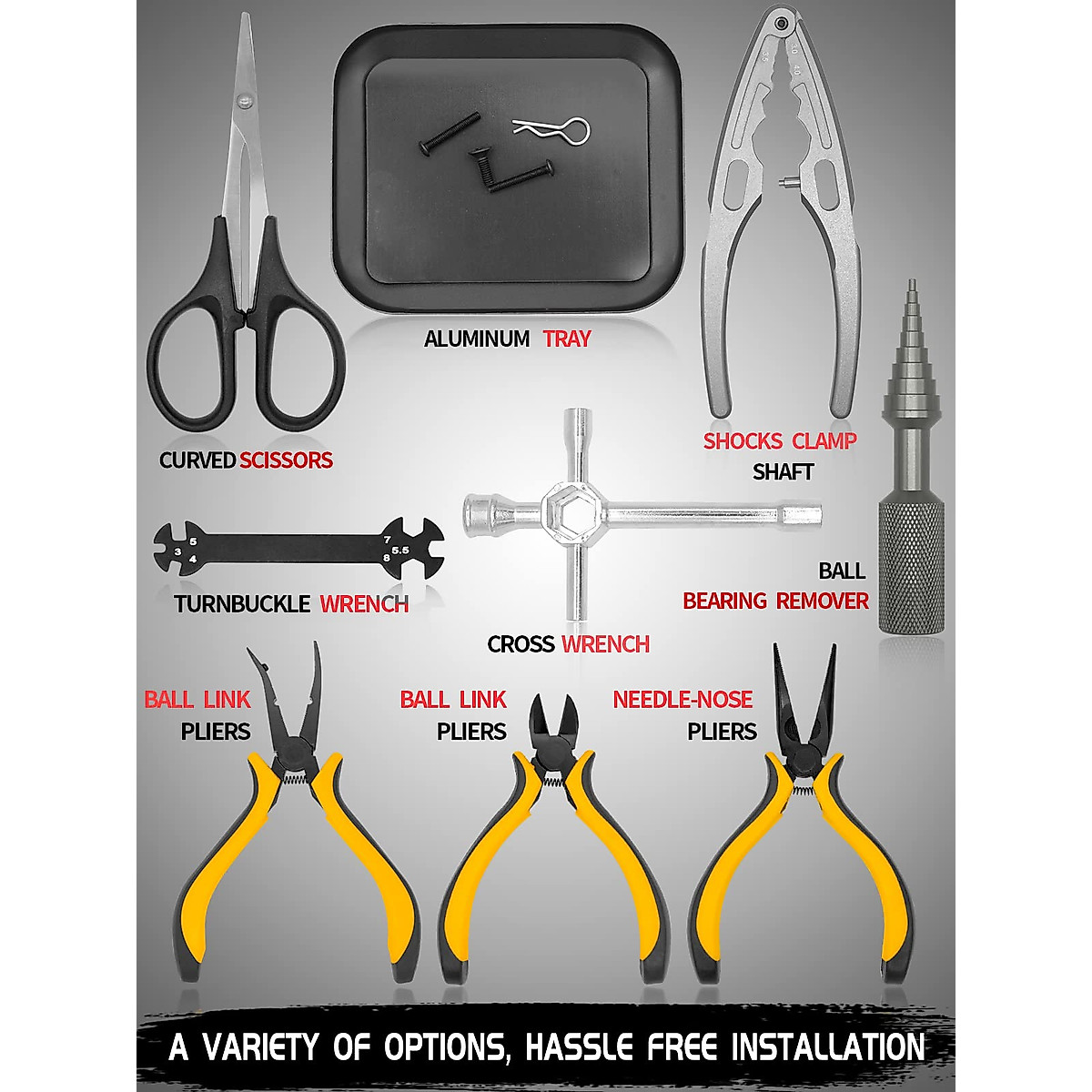 RC Tool Kit Screwdriver Set (Flat, Phillips, Hex) Metal Holder, RC Work Stand, 522PCS Screw Kit, Pliers Set, Body Reamer, Wrench, Tray, Repair Tool for RC Car Boat Quadcopter Helicopter -27pcs (Black)