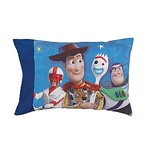 Disney Toy Story 4 - Blue, Green, Red & White 2 Pack Toddler Fitted Crib Sheet & Standard Size Pillowcase Set, Blue, Green, Red, White
