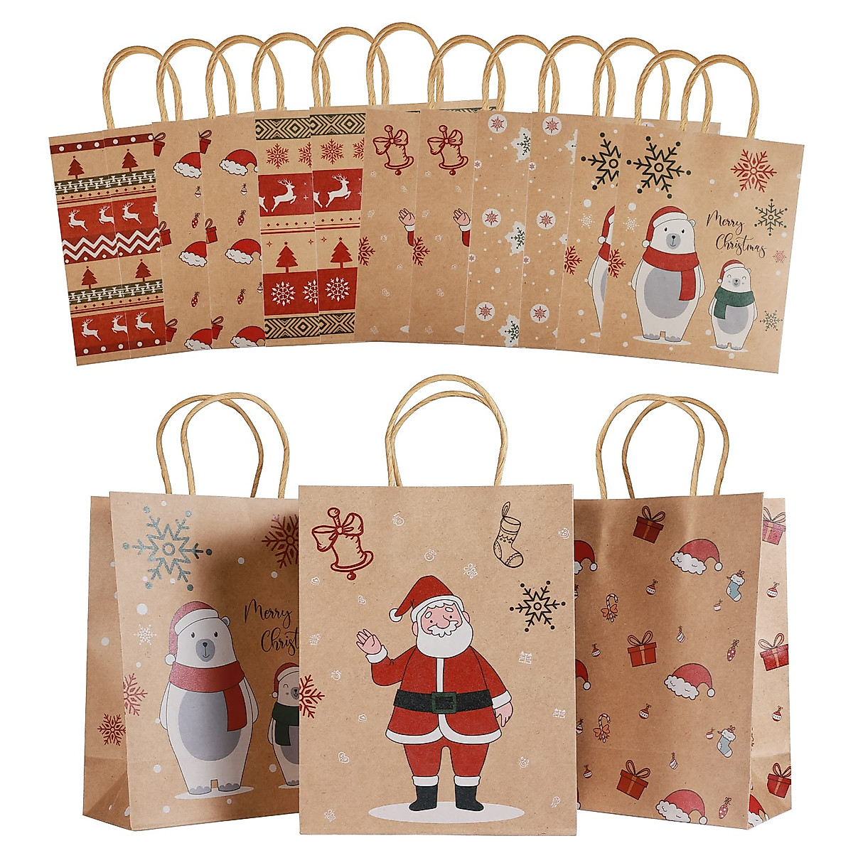 24-Pack Christmas Gift Bags, 6 Designs Christmas Kraft Paper Bags, 8.26x5.9x3.14 Inches with Handles Xmas Gift Bags, Suitable for Holiday Kraft Paper Gift Bags, Christmas Gift Bags, Party Gift Bags