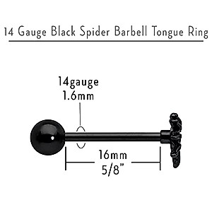 Body Candy Anodized Black 3D Spider Barbell Tongue Ring 14 Gauge 5/8"