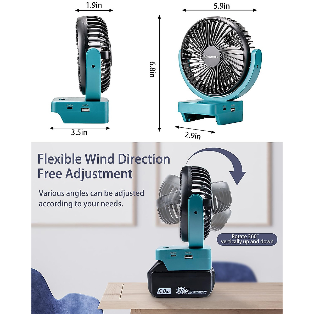 Uniqwamo Portable Rechargeable Fan for Makita 18V BL1860 BL1850 Lithium-Ion Battery, Jobsite Battery Operated Fan with 3 Speeds Control，USB +Type C
