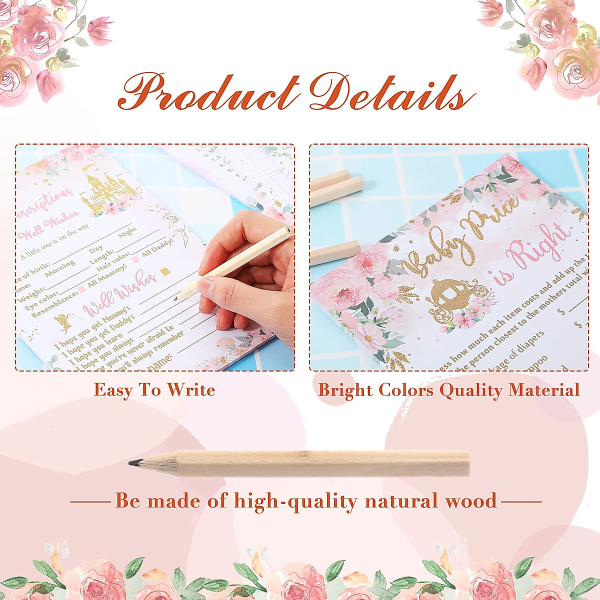 Fumete 125 Pcs Princess Baby Shower Games for Girls 5 Games Cards with 20 Pencils Baby Shower Activities Include Guess Who, Baby Descriptions and Well Wishes, Baby Price, Bingo Game