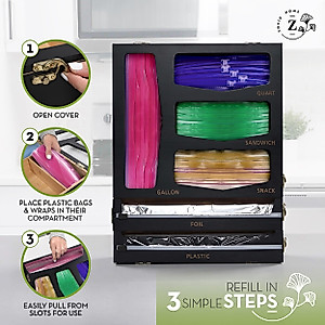 Zosia Home 6 in 1 Bamboo Ziplock Bag Organizer with Wrap Dispenser - Baggie Organizer, Plastic Fits Quart, Gallon, Snack, Sandwich Bags, for Drawer, 3''x13''x17'', Black