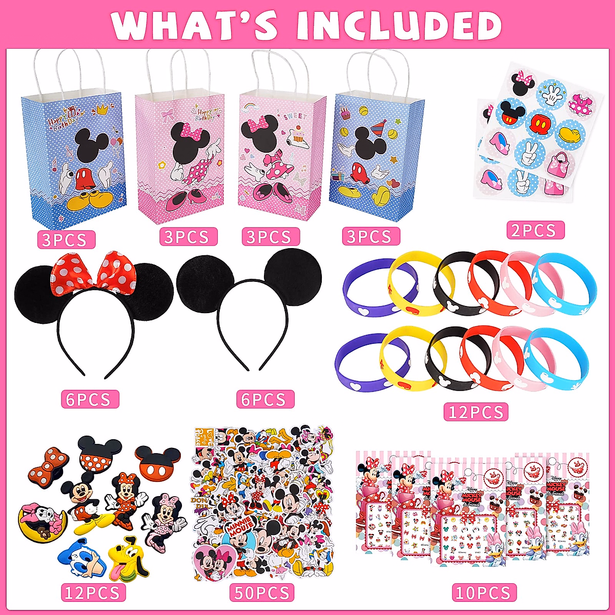 120 Pack Mouse Party Favor Set Cartoon Mouse Theme Party Supplies Includes Party Bags Keychain Silicone Bracelet Nail Stickers Headbands Shoe Decor Perfect for Kids Birthday and Classroom Game Rewards