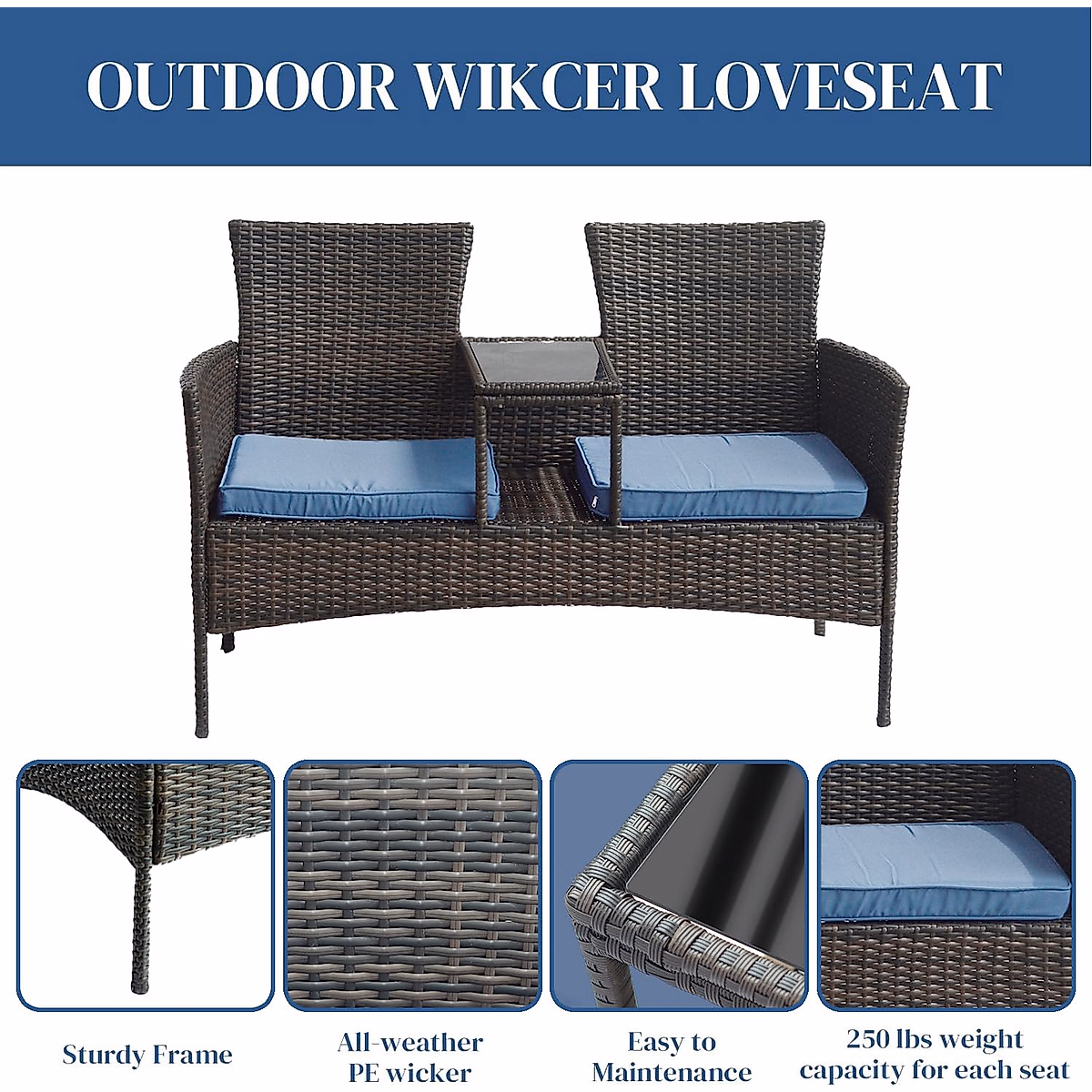 TINKLE WELL Wicker Outdoor Loveseat Modern Rattan 2-Seat Patio Conversation Set with Cushions & Built-in Coffee Table Porch Furniture for Garden Lawn Backyard, Brown