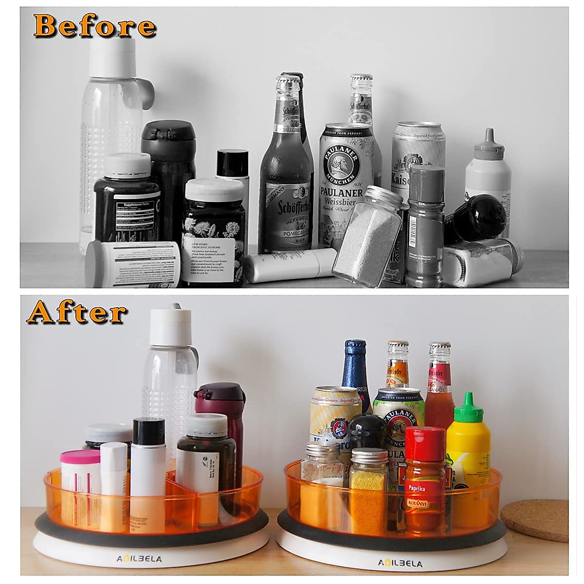 AGILBELA Clear Lazy Susan Cabinet Organizer with One Large Bin, Removable, Acrylic Rotating Spice Rack for Pantry, Countertop, Fridge, 11.5-Inch, Orange