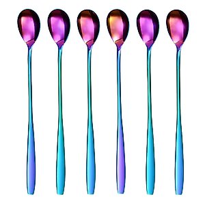 GRÄWE Long Handle Iced Tea Spoon, Coffee Spoon, Ice Cream Spoon, Spoons for desserts, Stainless Steel, Cocktail Stirring Spoons, Set of 6, Dishwasher Safe, Rainbow