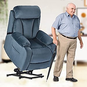 QKFF Power Lift Chair Recliners for Elderly, Modern Adult Power Lift Recliner, Velvet Upholstery Electric Lift Chair Recliner with Side Pocket for Living Room (Blue)