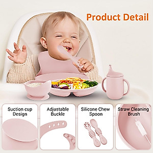 Baby Led Weaning Supplies, FOTEEMO 11-Piece Silicone Baby Feeding Set Self Feeding Baby Utensils First Food Set For 6+ Months Toddler Baby Plates with Suction (Pink)