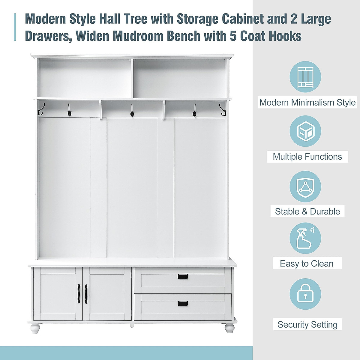 Bellemave Modern Wide Hall Tree with Bench, Shoe Storage, and 2 Large Drawers, White