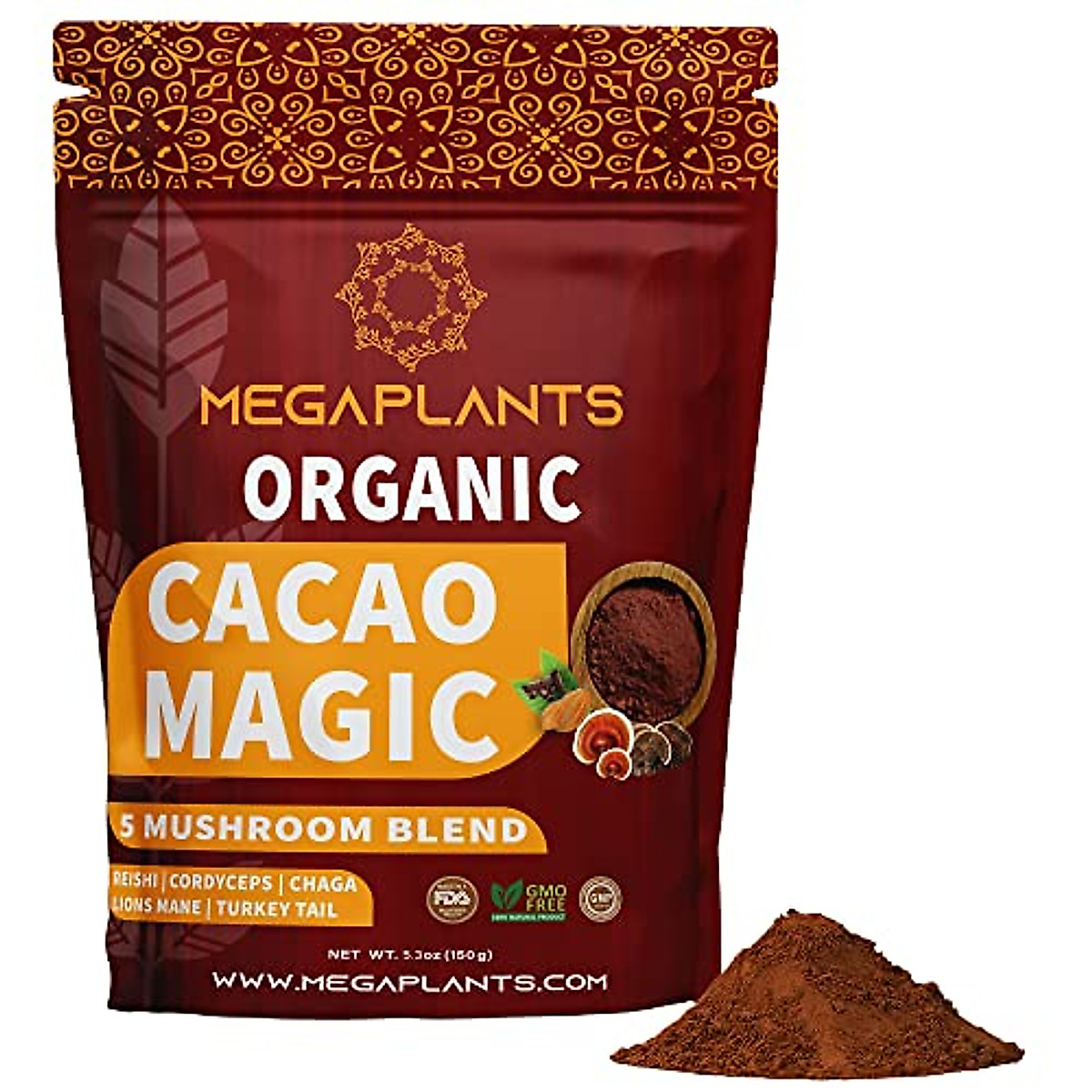 Cacao Magic | Superfood 5 Mushroom Blend for Focus, Mental Clarity & Energy | Lions Mane, Reishi, Chaga, Cordyceps, Turkey Tail | Smoothie, Hot Chocolate, Coffee Alternative (50 Servings)