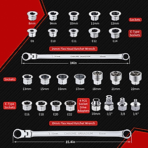 AKM TOOL 27 PC Flex Head Ratcheting Wrench Set, Metric | 72-Tooth | 8-22mm | Extra Long Double Box End Ratchet Wrench Flex Head Wrench Set