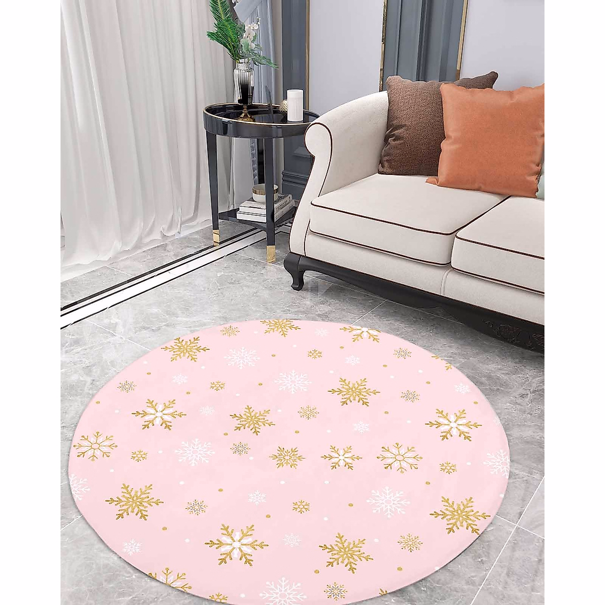 Blush Pink Snowflake Fluffy Round Area Rug Carpets 3.3ft, Plush Shaggy Carpet Soft Circular Rugs, Non-Slip Fuzzy Accent Floor Mat for Living Room Bedroom Nursery Merry Christmas Romantic Gold White